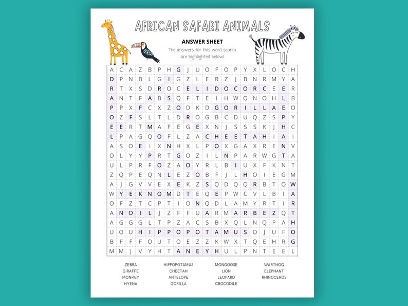 Printable Word Searches for Kids, African Safari Animals, Puzzles ...