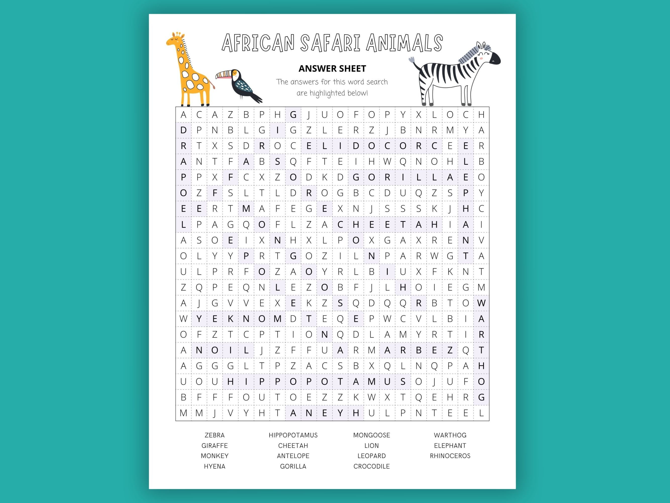 Printable Word Searches for Kids, African Safari Animals, Puzzles ...