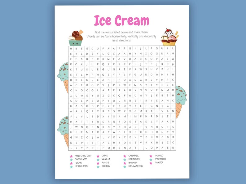 Printable Ice Cream Word Search for Kids, Learning Activity Puzzle Game ...