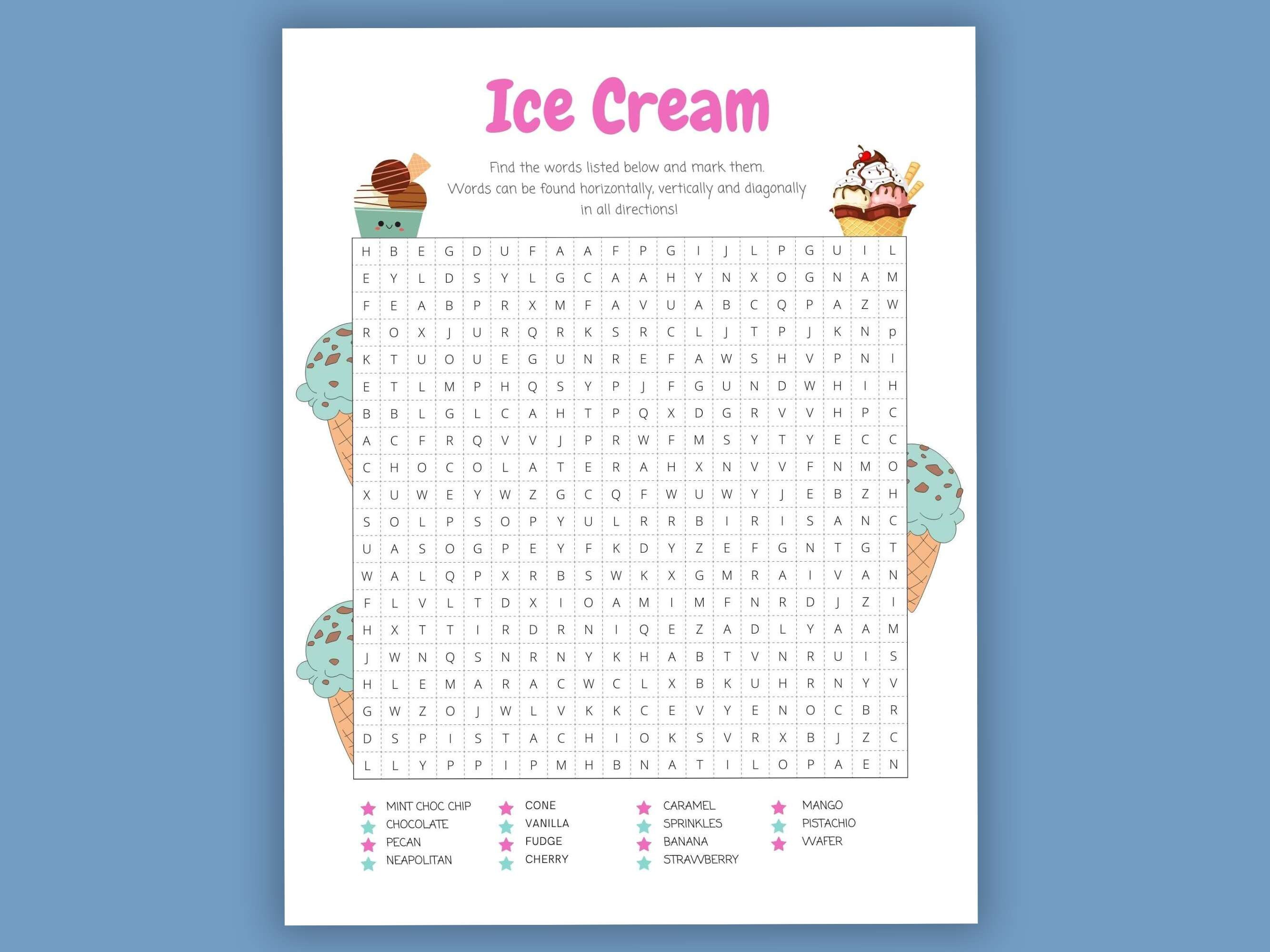 Ice Cream Word Search Puzzle for Kids: Summer Fun (PDF Download) - Etsy