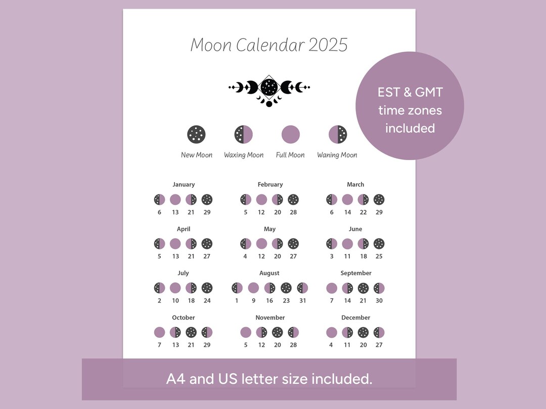 2025 Lunar Calendar: Moon Phase Planner (printable PDF) (GMT & EST Time ...