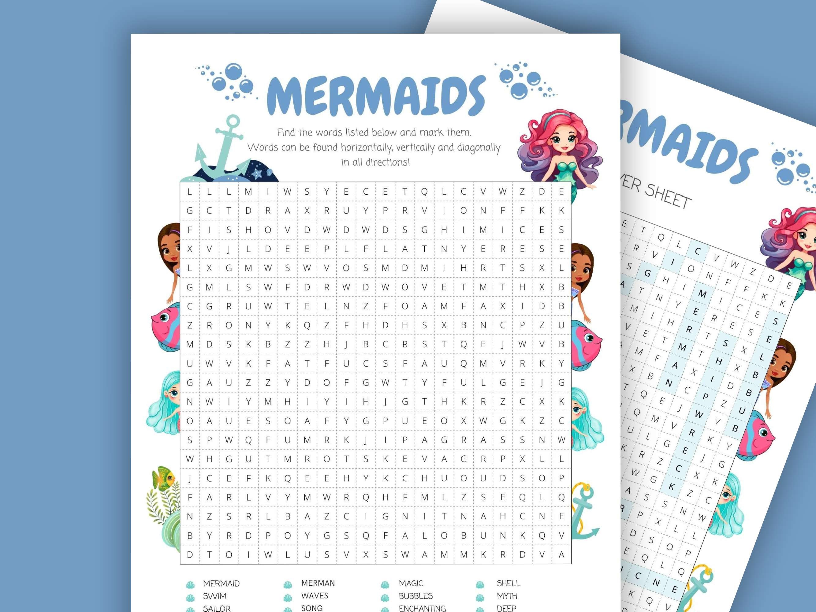 Printable Mermaid Word Search for Kids, Ocean Learning Activity Puzzle ...