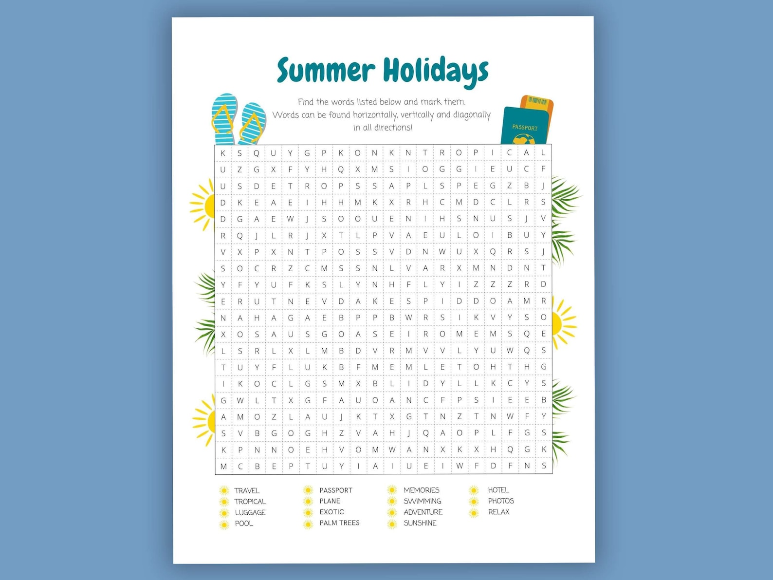 Printable Summer Holidays Word Search for Kids, Learning Activity ...