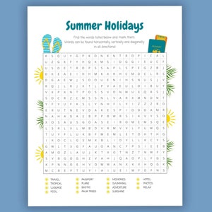 Printable Summer Holidays Word Search for Kids, Learning Activity ...