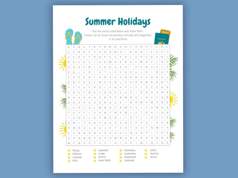 Printable Summer Holidays Word Search for Kids, Learning Activity ...
