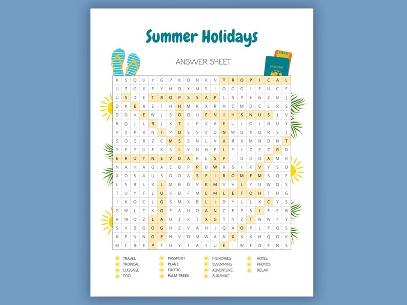 Printable Summer Holidays Word Search for Kids, Learning Activity ...
