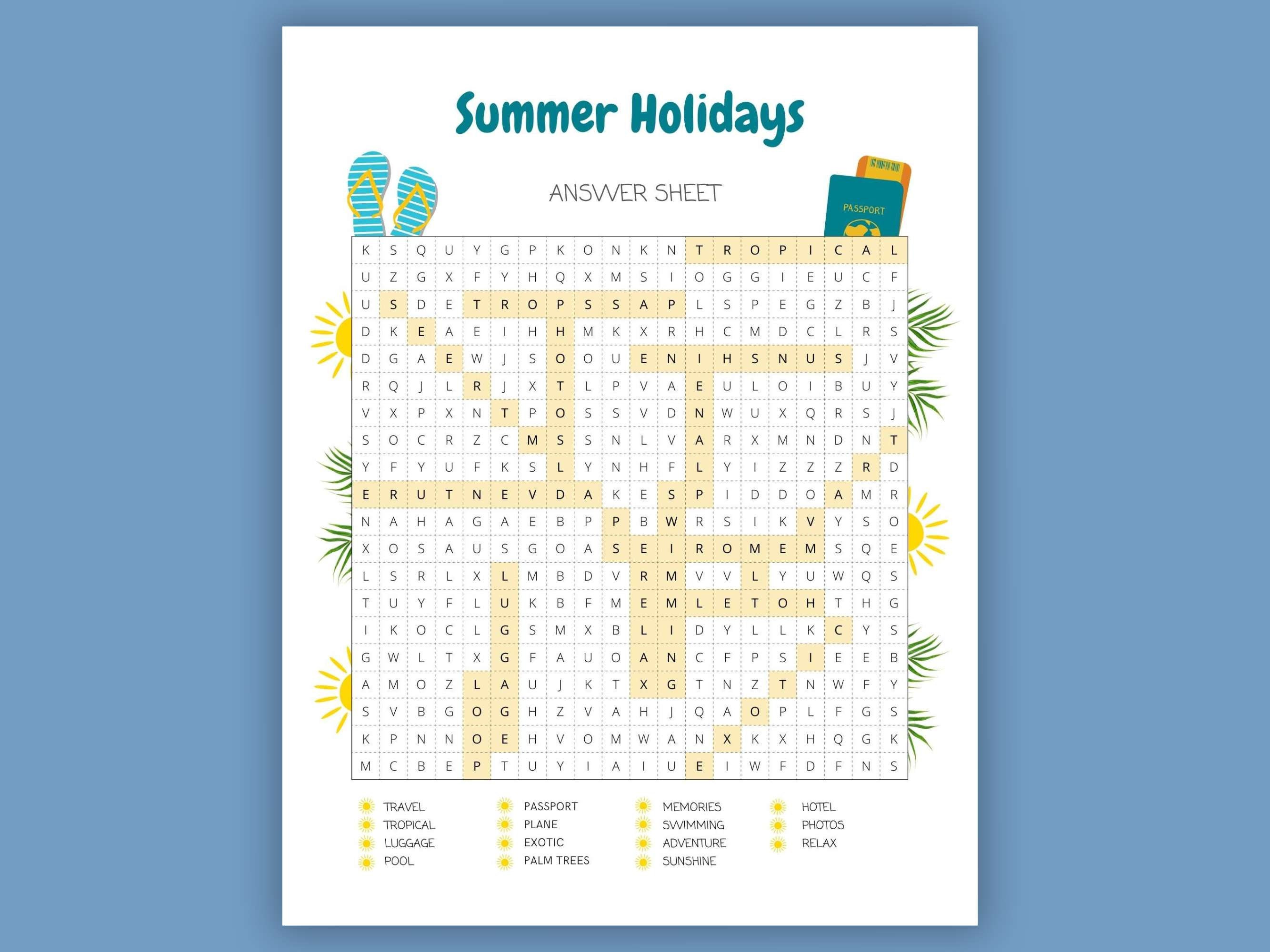 Printable Summer Holidays Word Search for Kids, Learning Activity ...