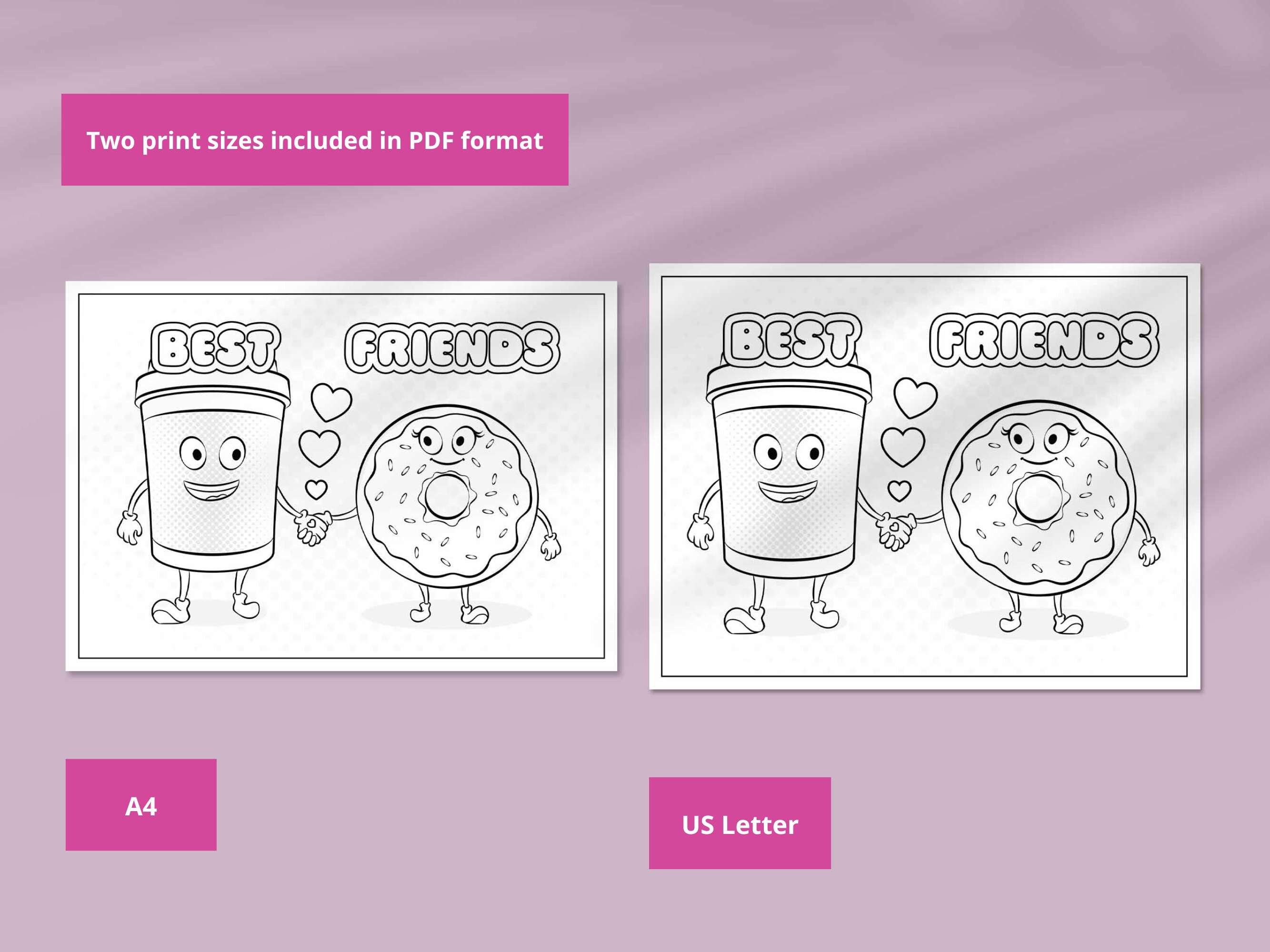 Easy Coloring Page With Donut and Coffee Cup Holding Hands! Fun, Pop ...