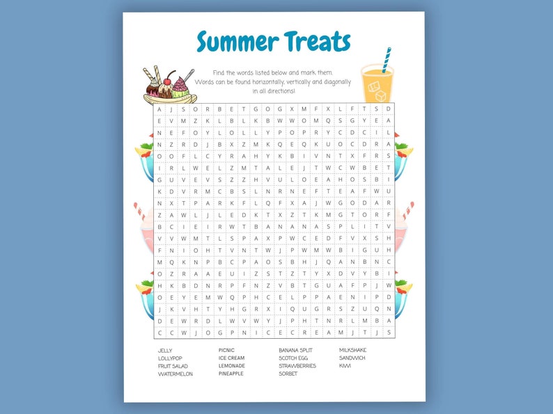Printable Summer Treats Word Search for Kids, Learning Activity Puzzle ...