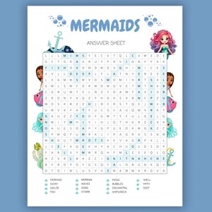Printable Mermaid Word Search for Kids, Ocean Learning Activity Puzzle ...