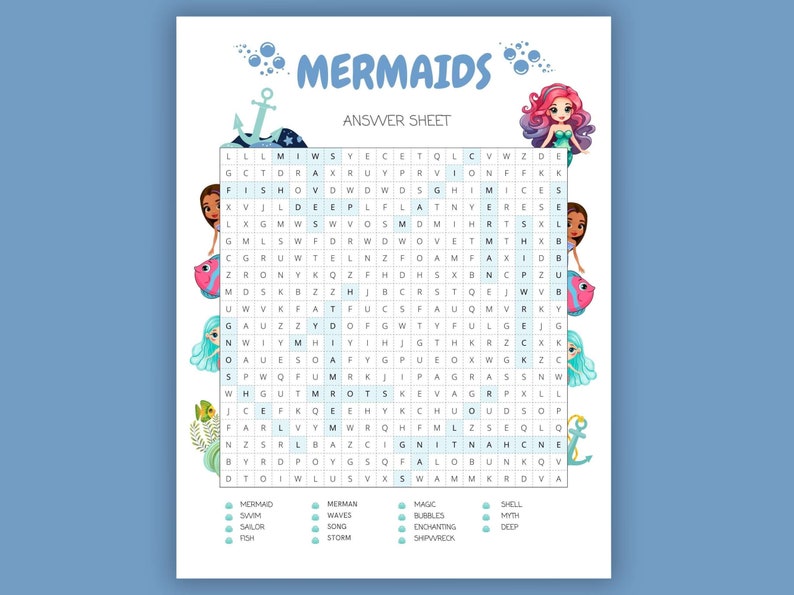 Printable Mermaid Word Search for Kids, Ocean Learning Activity Puzzle ...