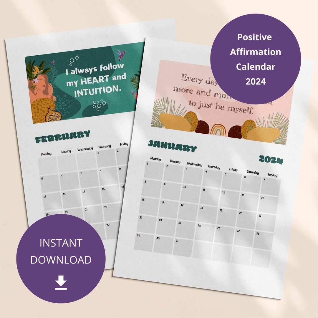 Printable Positive Affirmation Calendar 2024, Digital PDF Download ...
