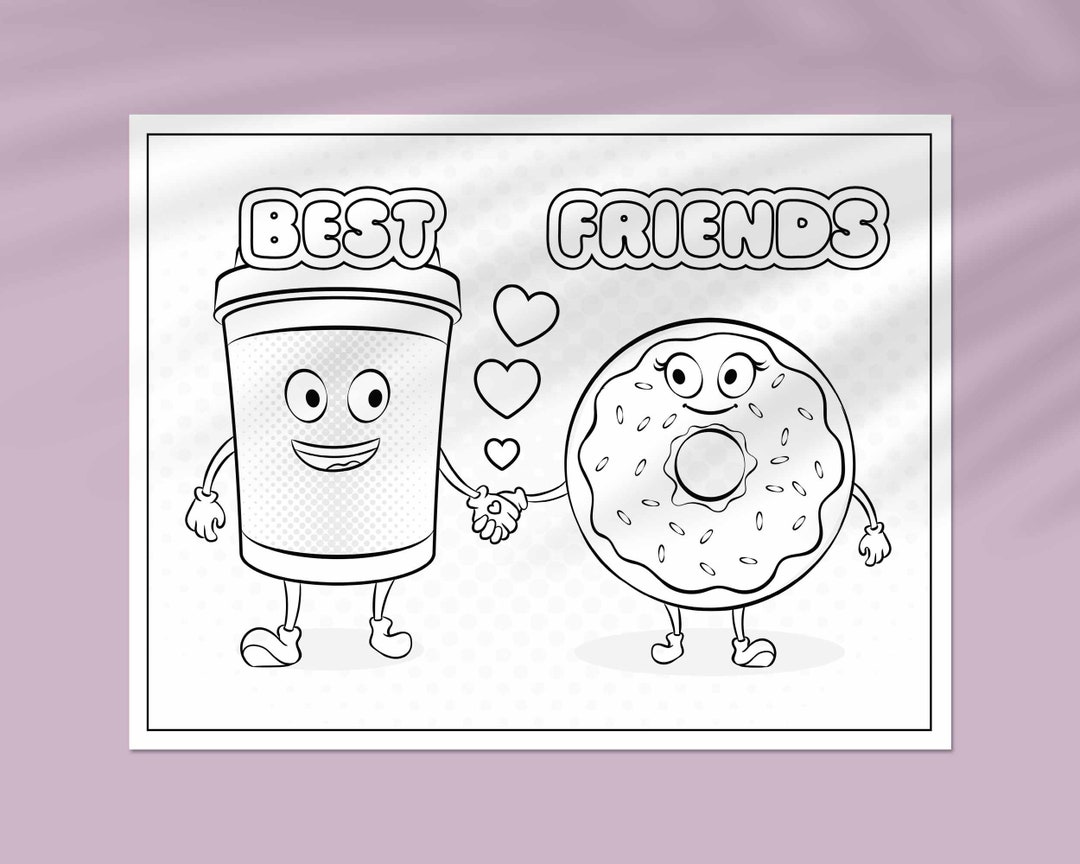 Easy Coloring Page With Donut and Coffee Cup Holding Hands! Fun, Pop ...