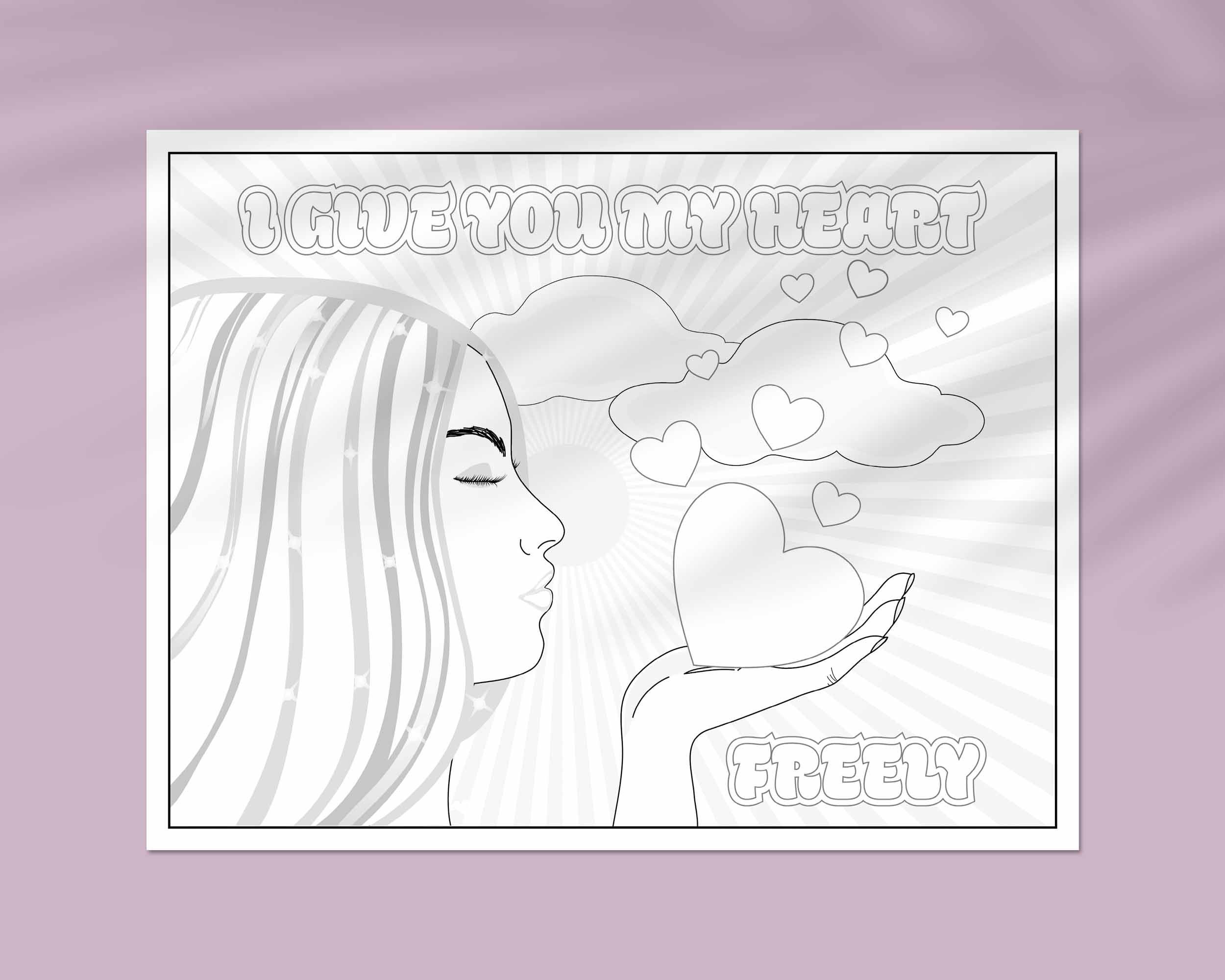 Love Coloring Page With Quote, i Give You My Heart Freely. Grayscale ...