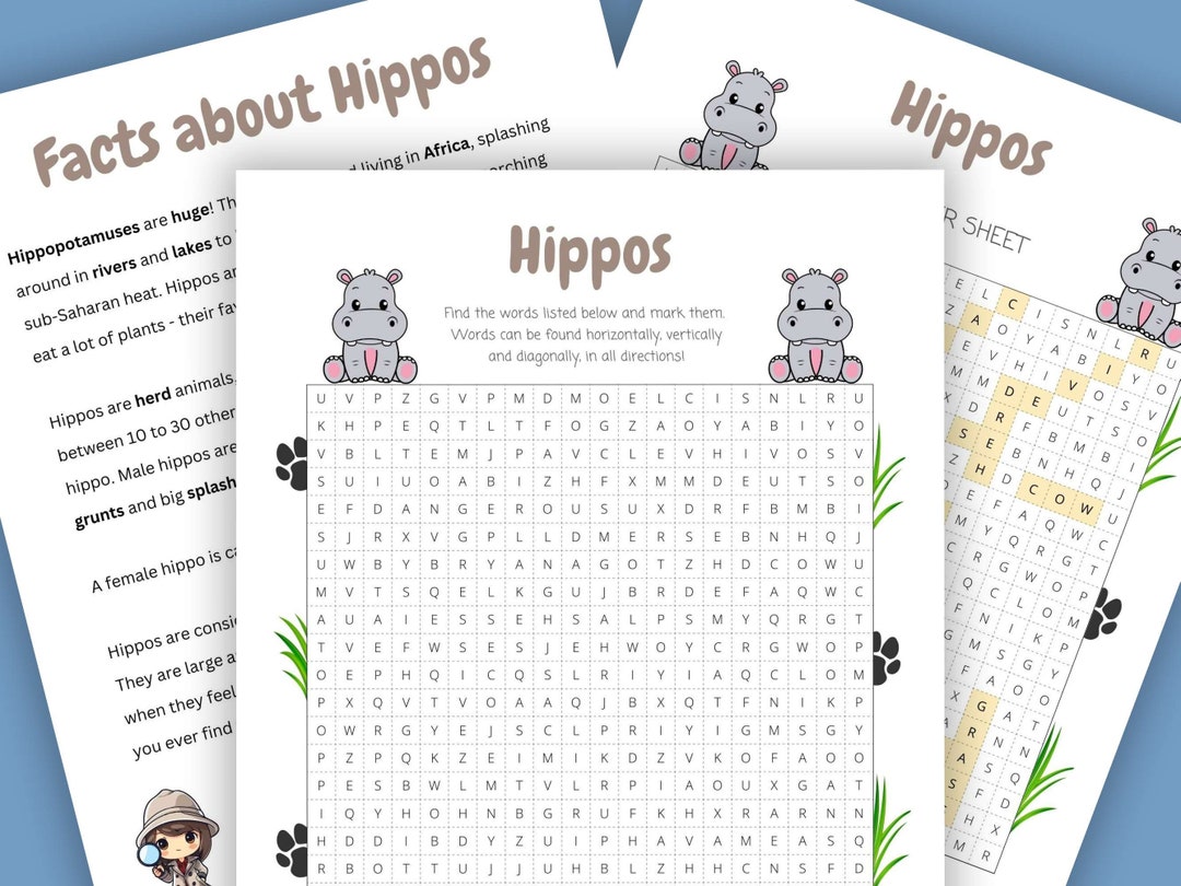 Hippo Word Search Puzzle for Kids: Fun Fact Sheet (PDF) - Etsy UK