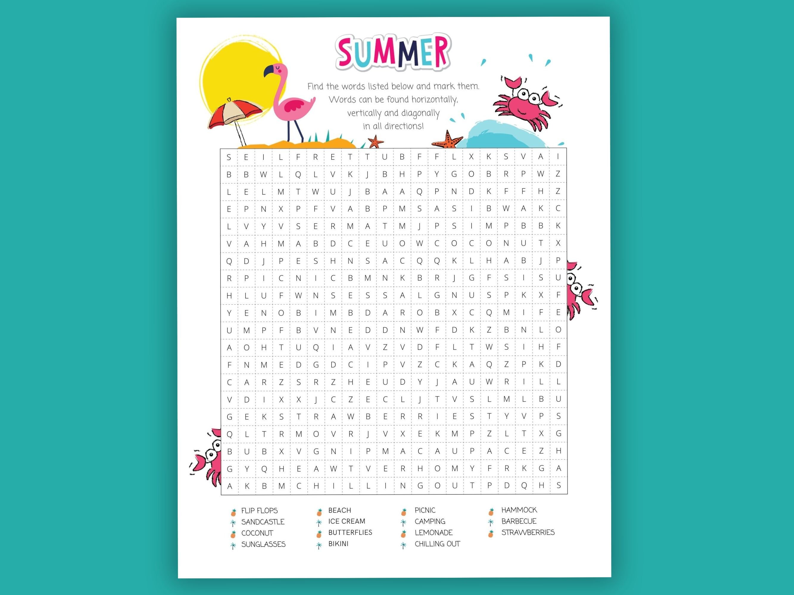 Summer Word Search. Printable Word Searches for Kids. Holiday Activity ...