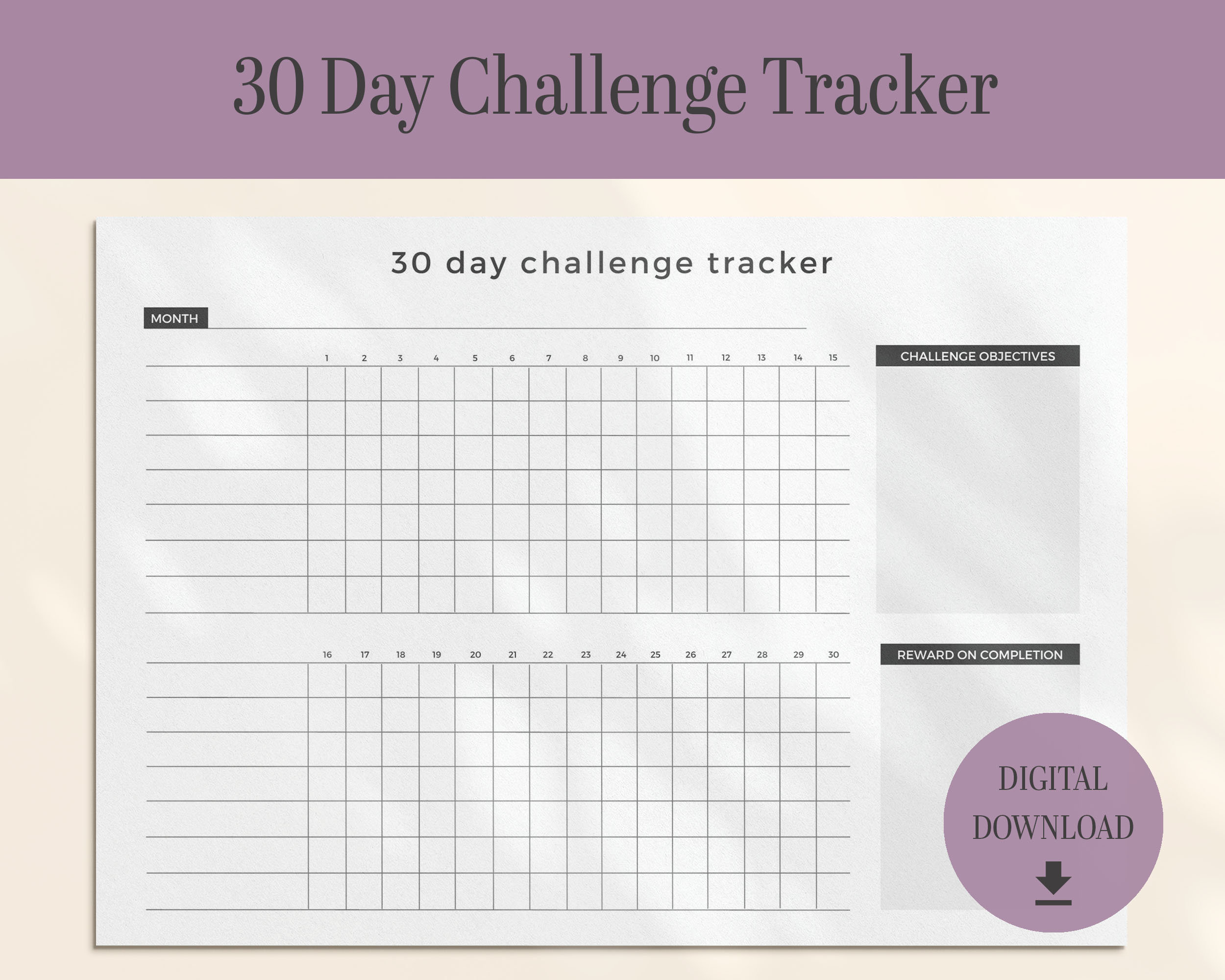 30 Day Challenge Tracker Printable Pdf, With Space for Goals and ...