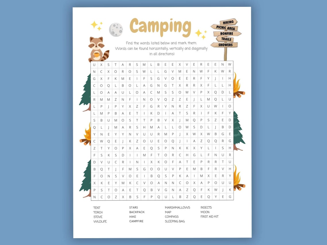 Printable Camping Word Search for Kids, Learning Activity Puzzle Game ...