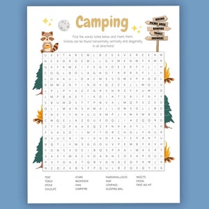 Printable Camping Word Search for Kids, Learning Activity Puzzle Game ...