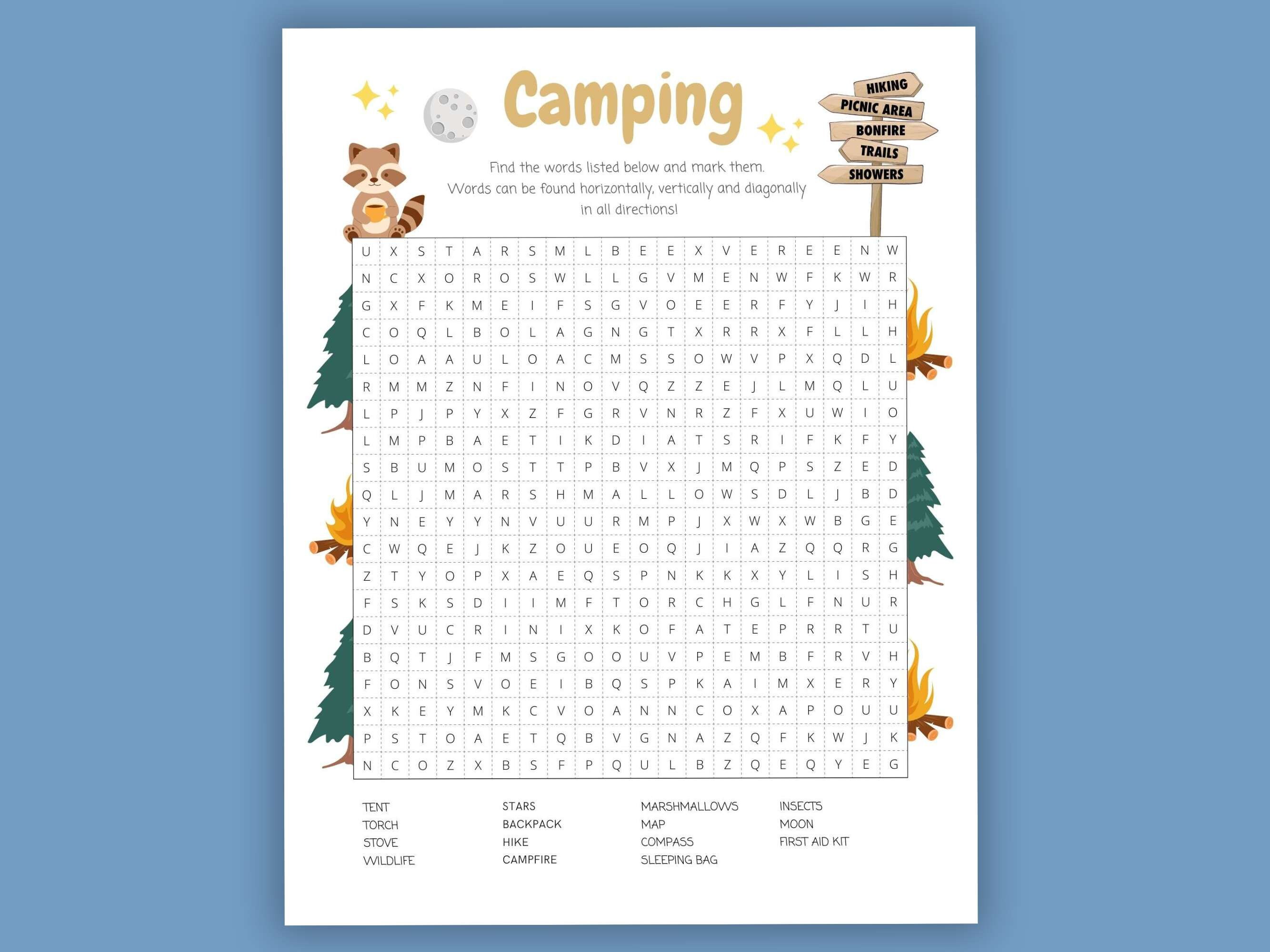 Printable Camping Word Search for Kids, Learning Activity Puzzle Game ...