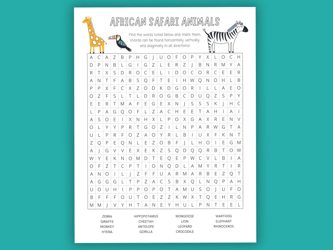 Printable Word Searches for Kids, African Safari Animals, Puzzles ...