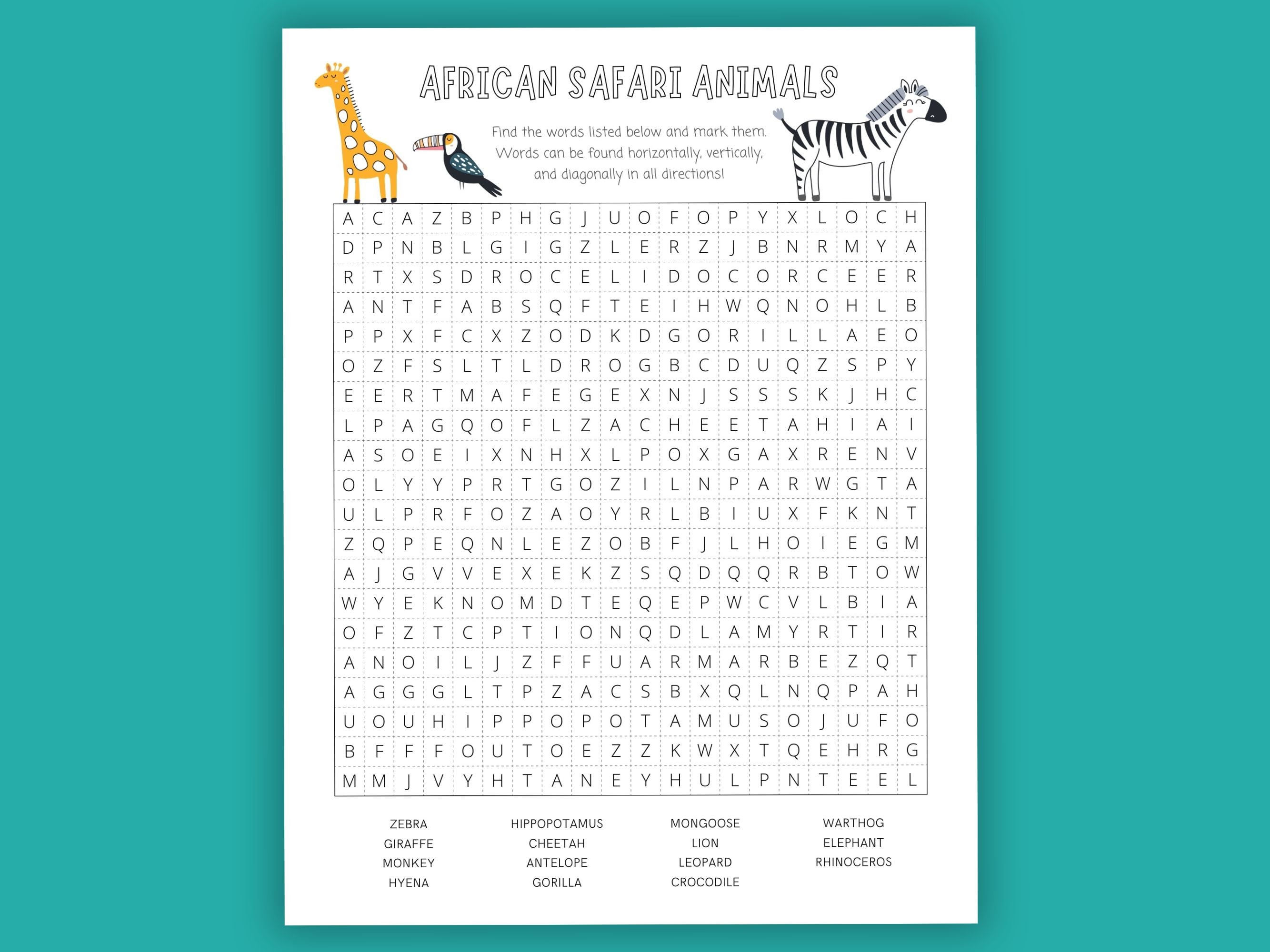 Printable Word Searches for Kids, African Safari Animals, Puzzles ...
