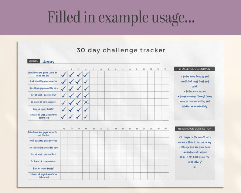 30 Day Challenge Tracker Printable Pdf, With Space for Goals and ...