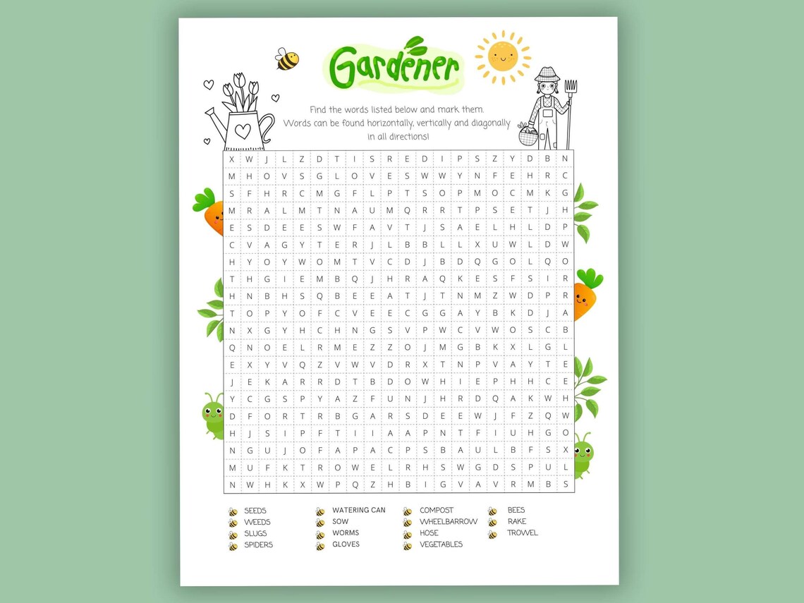 Printable Gardener Word Search for Kids, Spring Learning Activity ...