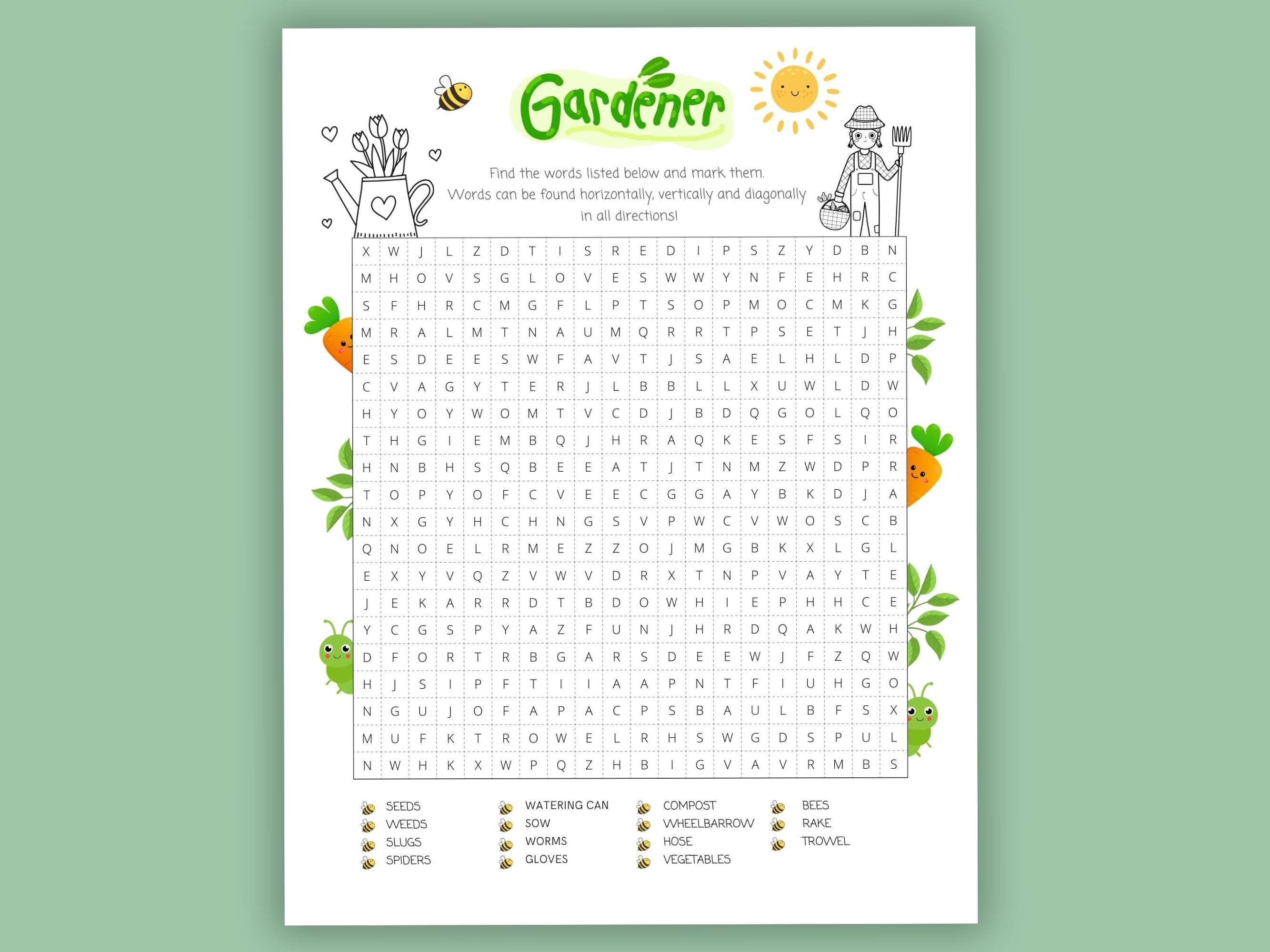 Printable Gardener Word Search for Kids, Spring Learning Activity ...