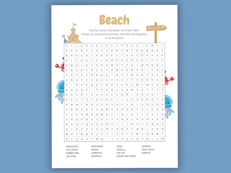 Printable Beach Word Search Puzzle for Kids (PDF Download) - Etsy