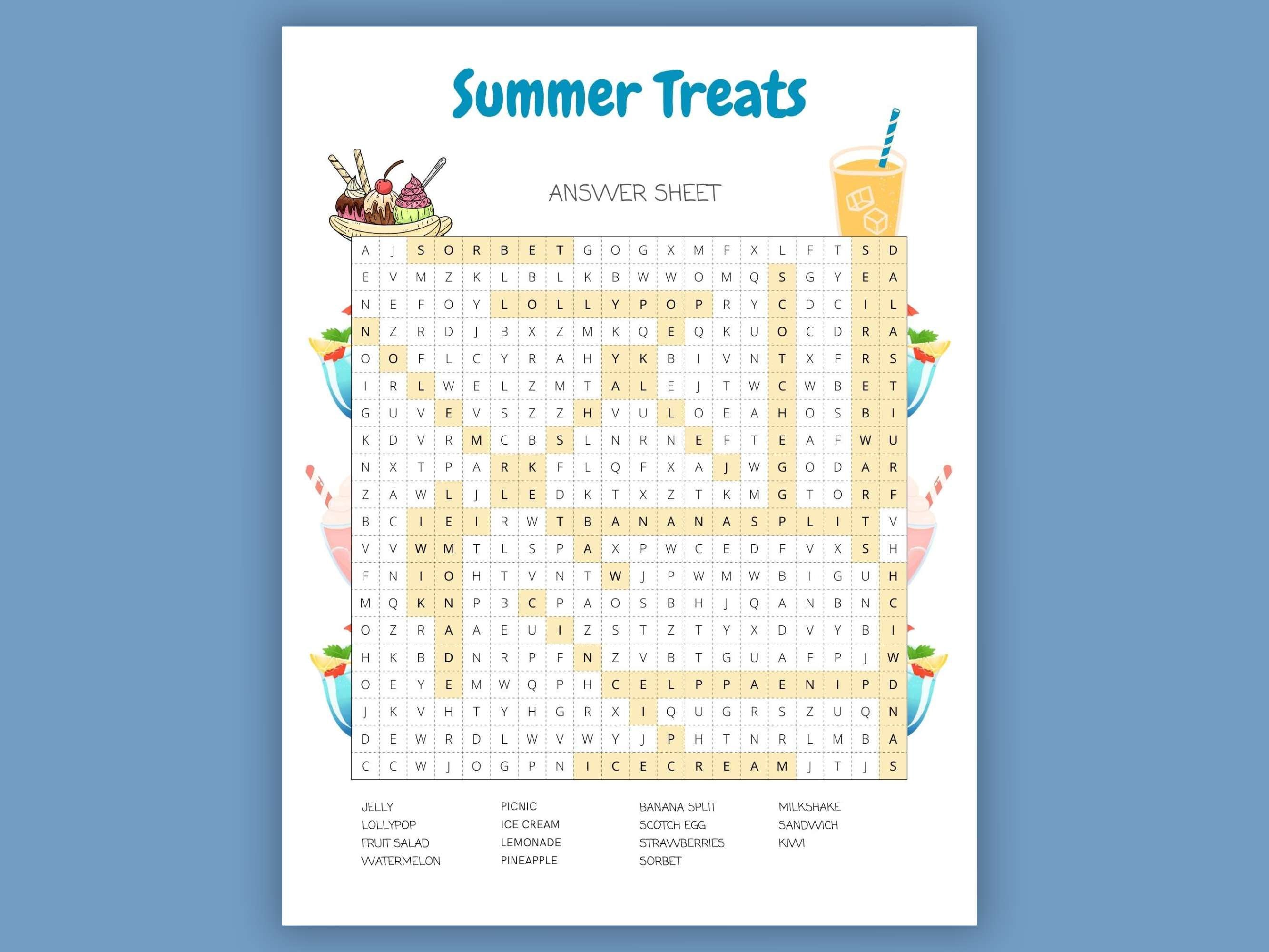 Printable Summer Treats Word Search for Kids, Learning Activity Puzzle ...