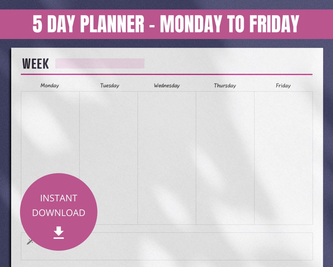 5 Day Planner, Printable, Monday to Friday, Undated, Landscape ...