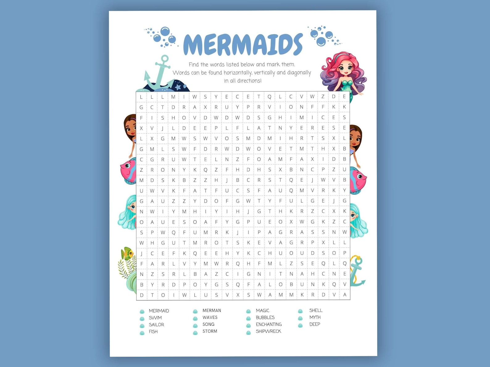Printable Mermaid Word Search for Kids, Ocean Learning Activity Puzzle ...