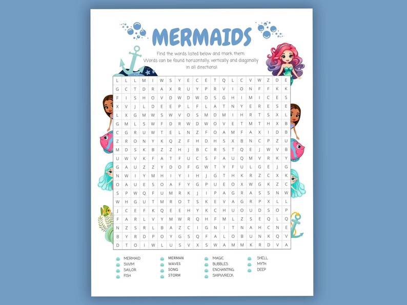 Printable Mermaid Word Search for Kids, Ocean Learning Activity Puzzle ...
