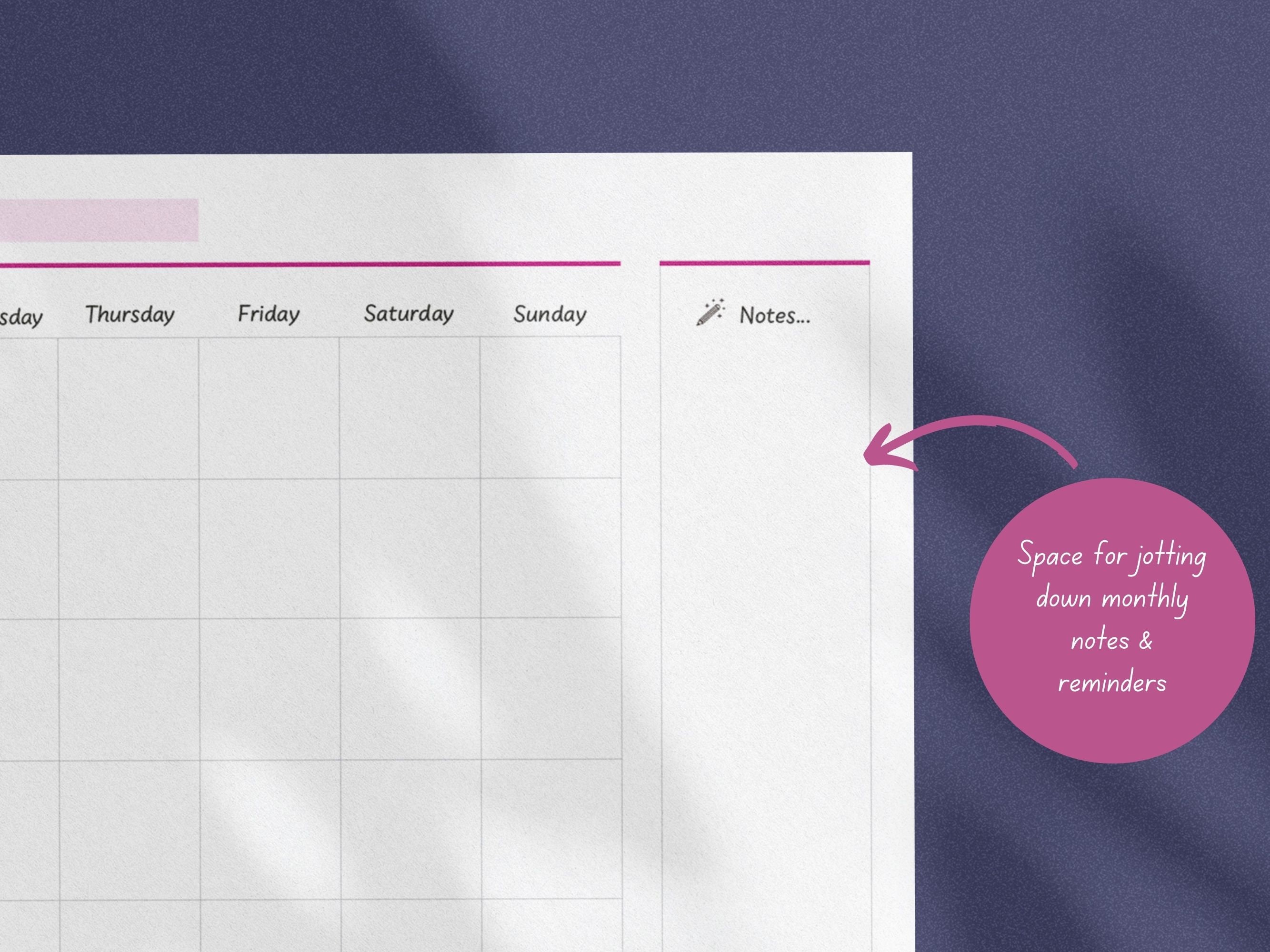 Blank Calendar Printable Monthly With Notes, Monday Start, Landscape ...