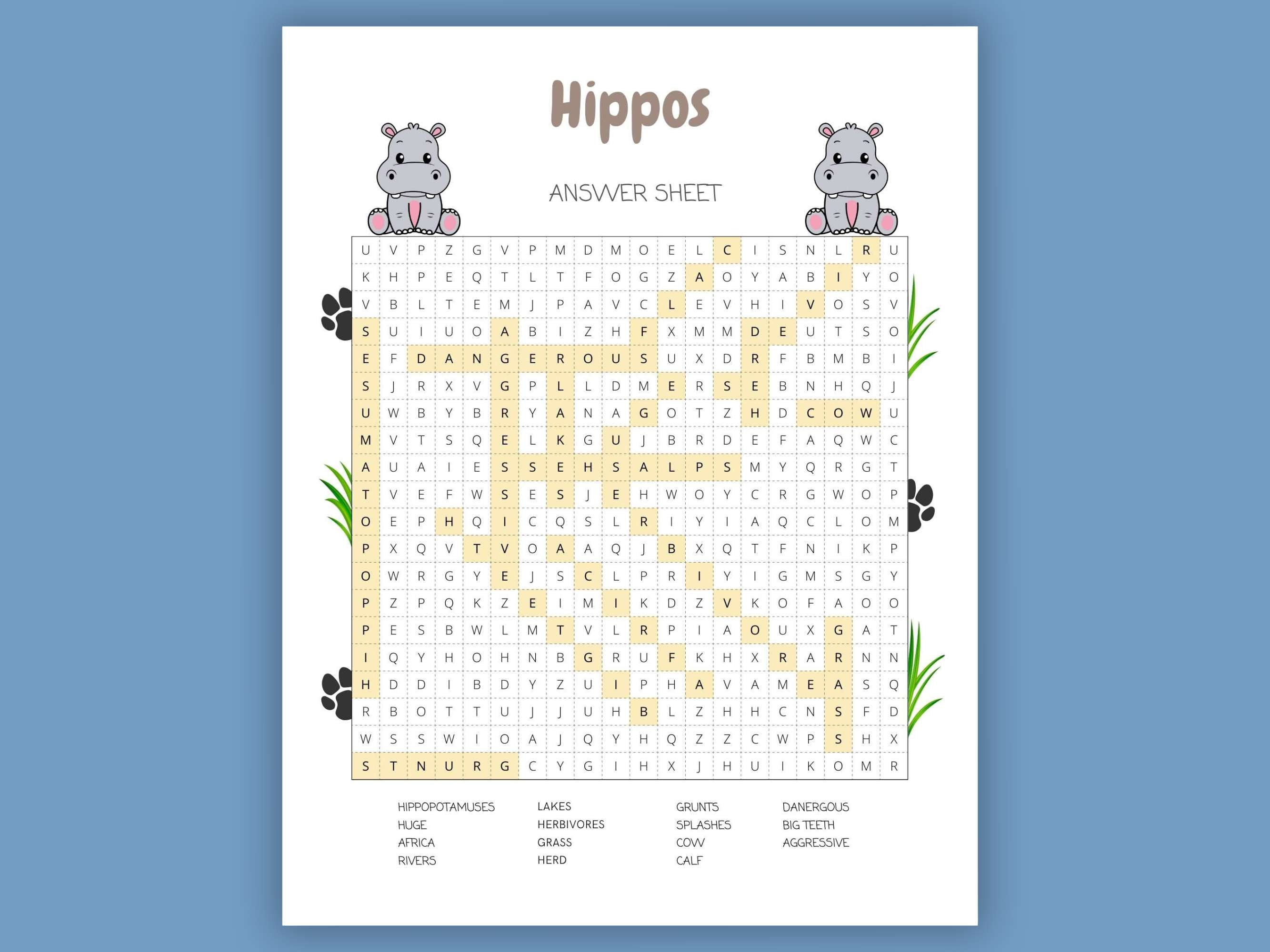 Hippo Word Search Puzzle for Kids: Fun Fact Sheet (PDF) - Etsy