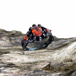 Red Stone Gothic Ring, Black Shiny Ring, Flower Ring, Handmade Jewelry ...