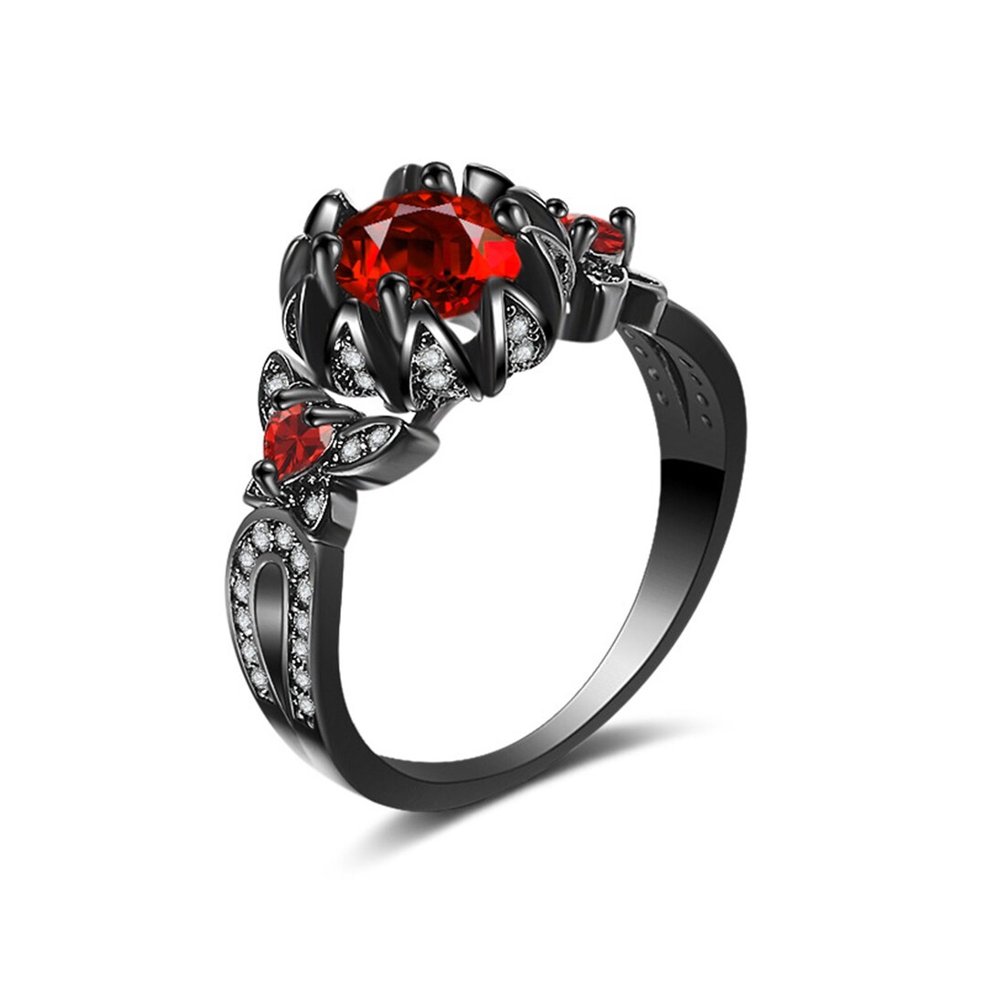 Red Stone Gothic Ring, Black Shiny Ring, Flower Ring, Handmade Jewelry ...
