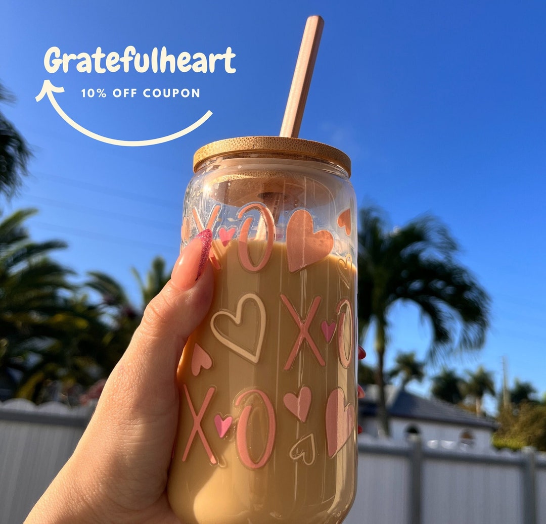 Pink Hearts Glass Can Tumbler | XOXO Iced Coffee Cup - Etsy
