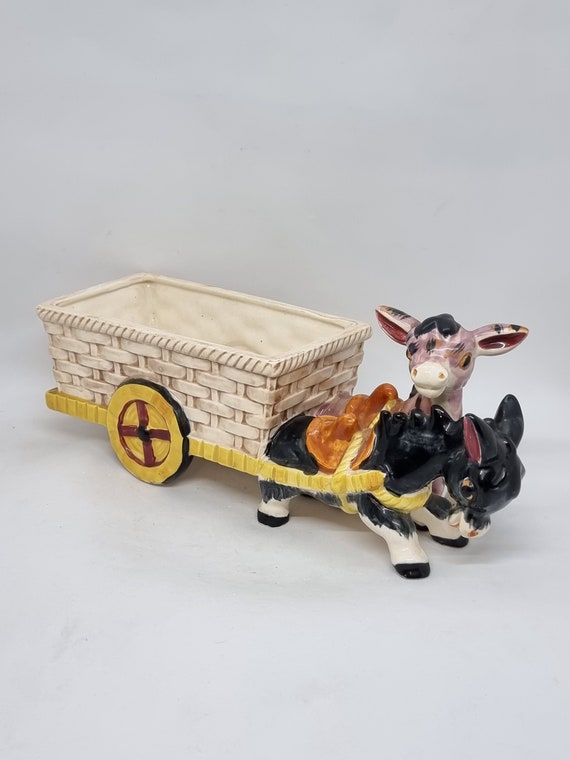 Vintage Italy Hand Painted Ceramic Donkeys With Cart Planter - Etsy