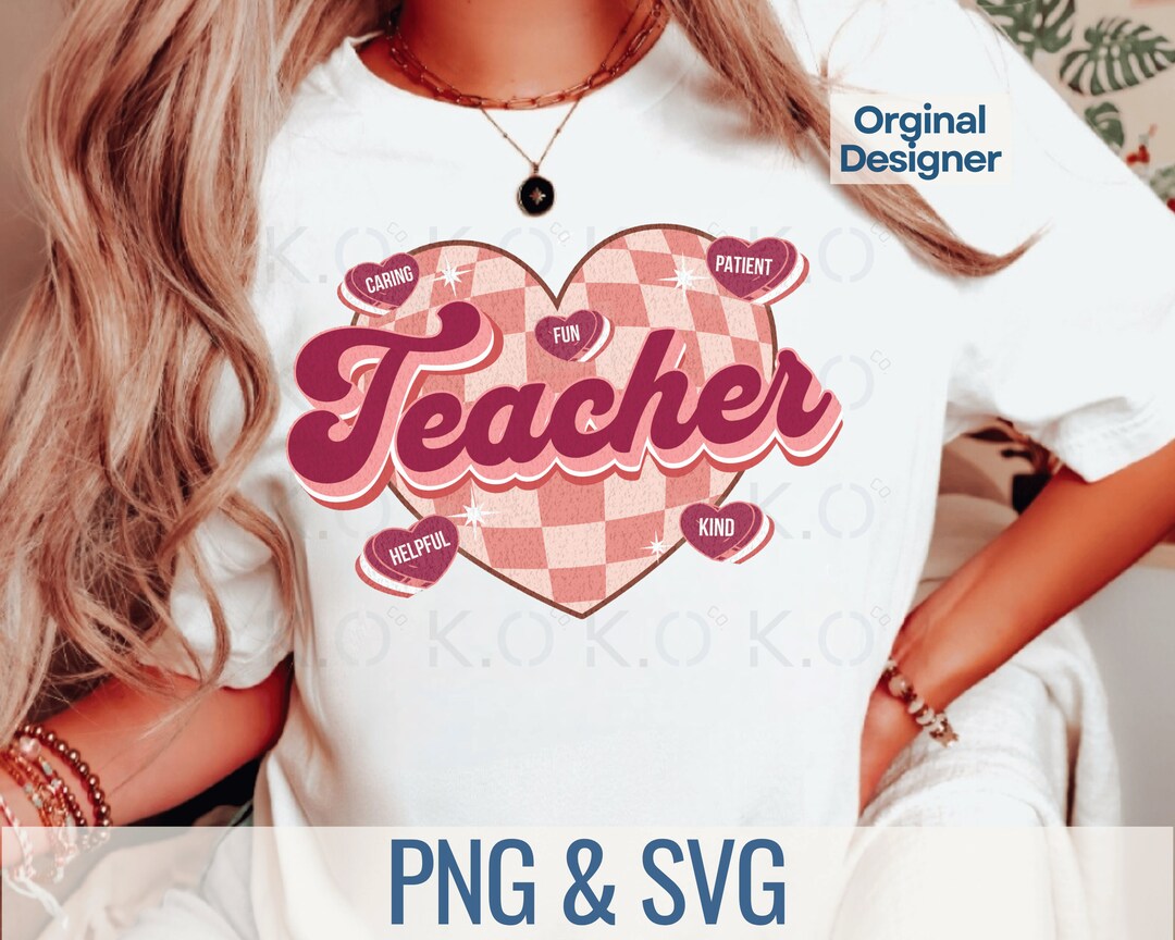 Retro Valentine Teacher Png, Retro Heart PNG Sublimination, Teacher Png ...