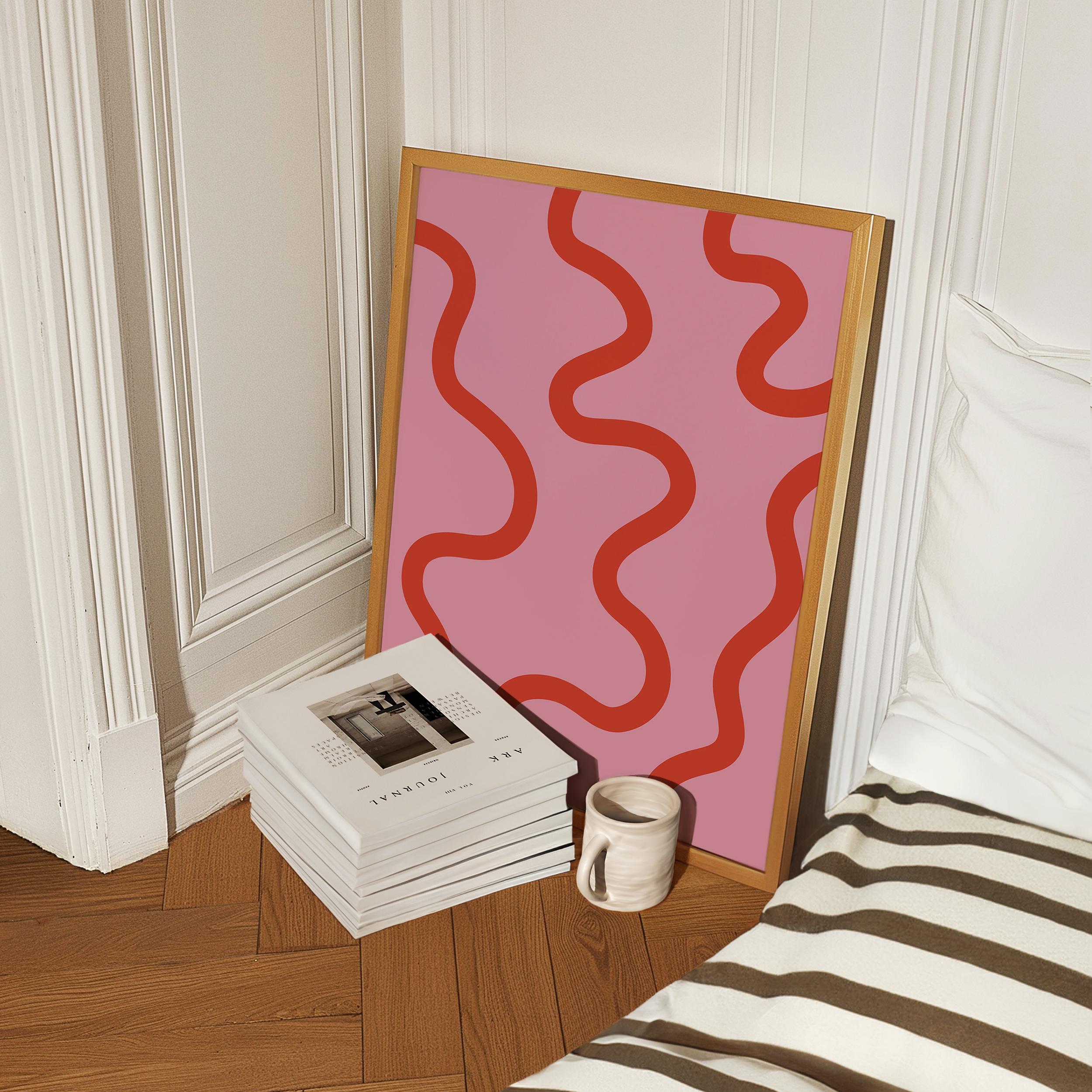 Pink Joyful Wall Art, Red Wavy Lines Preppy Wall Art, Playful Pink ...