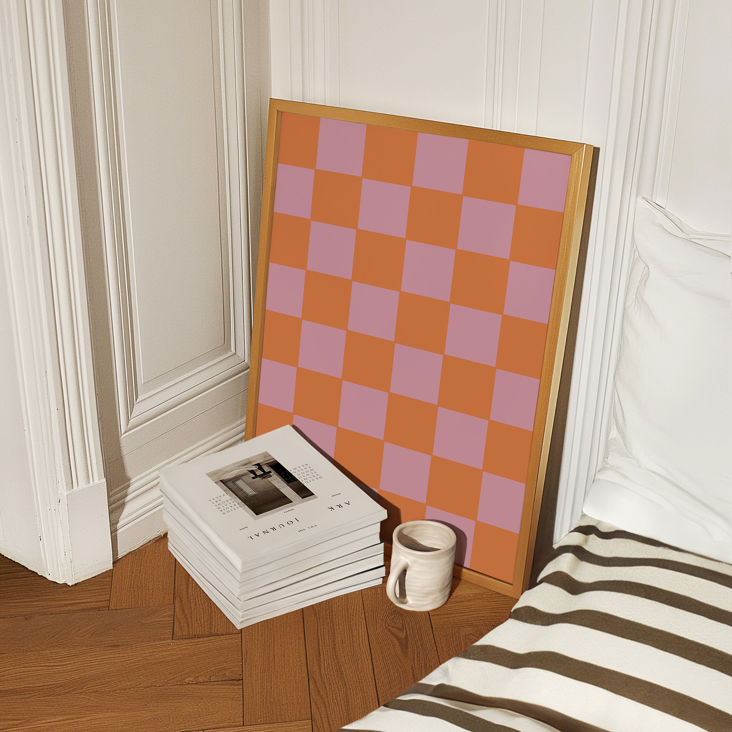 Lilac Orange Checkerboard Preppy Wall Art, Purple Checkered Retro ...