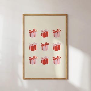 Christmas Gift Box Art Print, Beige Pink Xmas Wall Art, Handdrawn ...