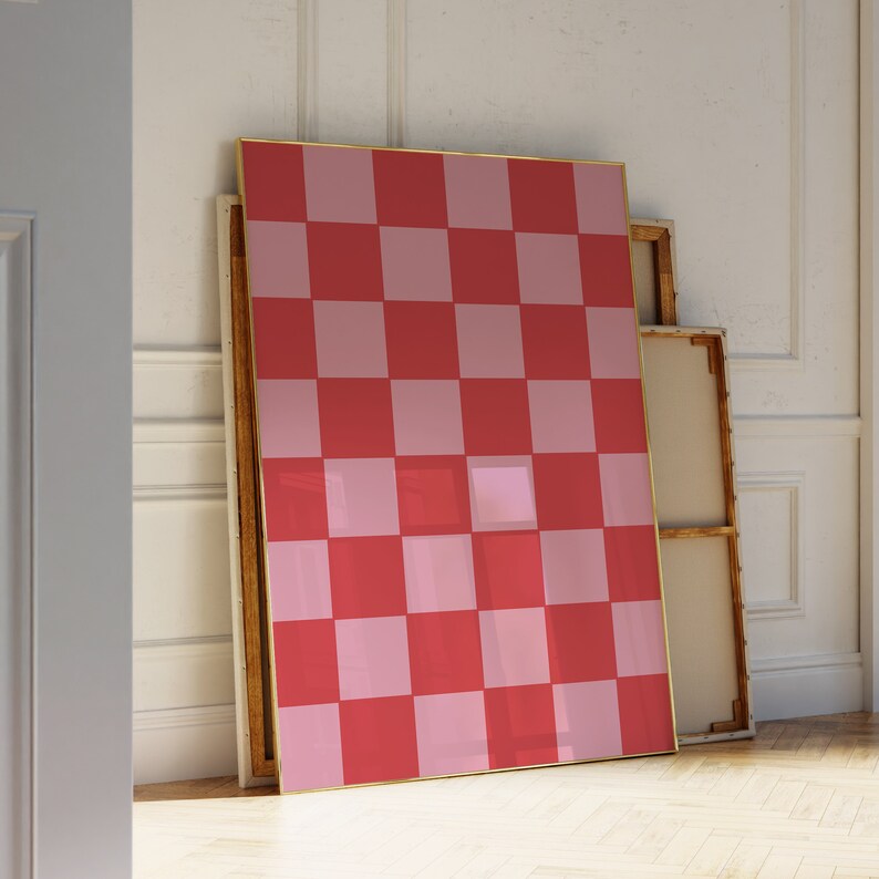 Pink Red Checkerboard Preppy Wall Art, Checkered Retro Pastel Colors ...