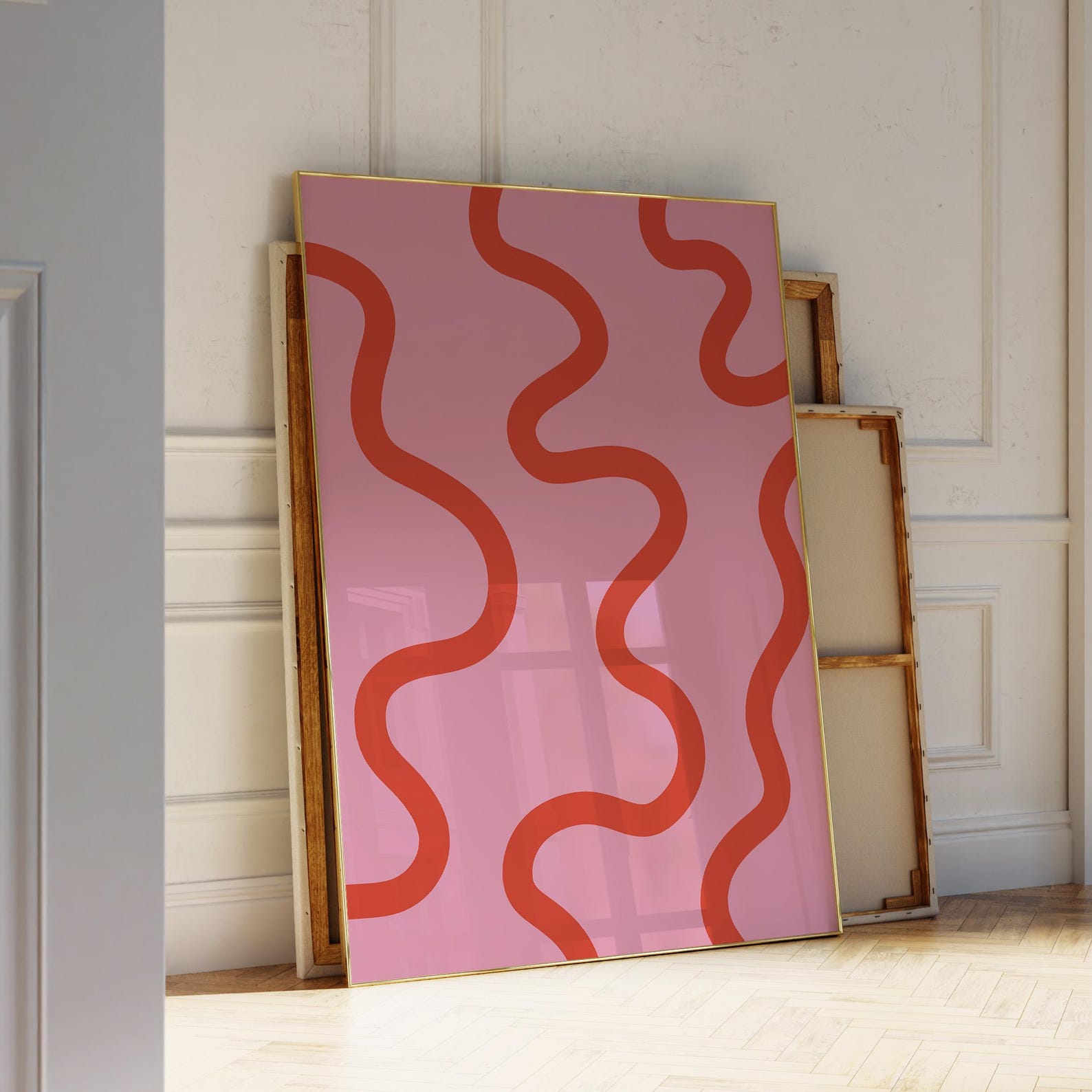 Pink Joyful Wall Art, Red Wavy Lines Preppy Wall Art, Playful Pink ...