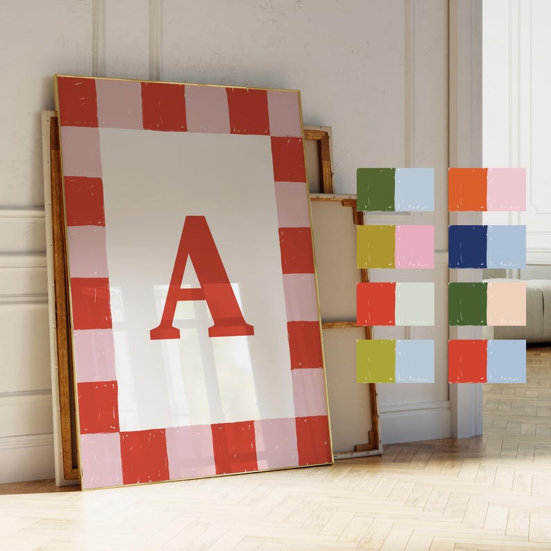 Custom Initial Art Print, Checker Bordered Wall Art, Customizable ...