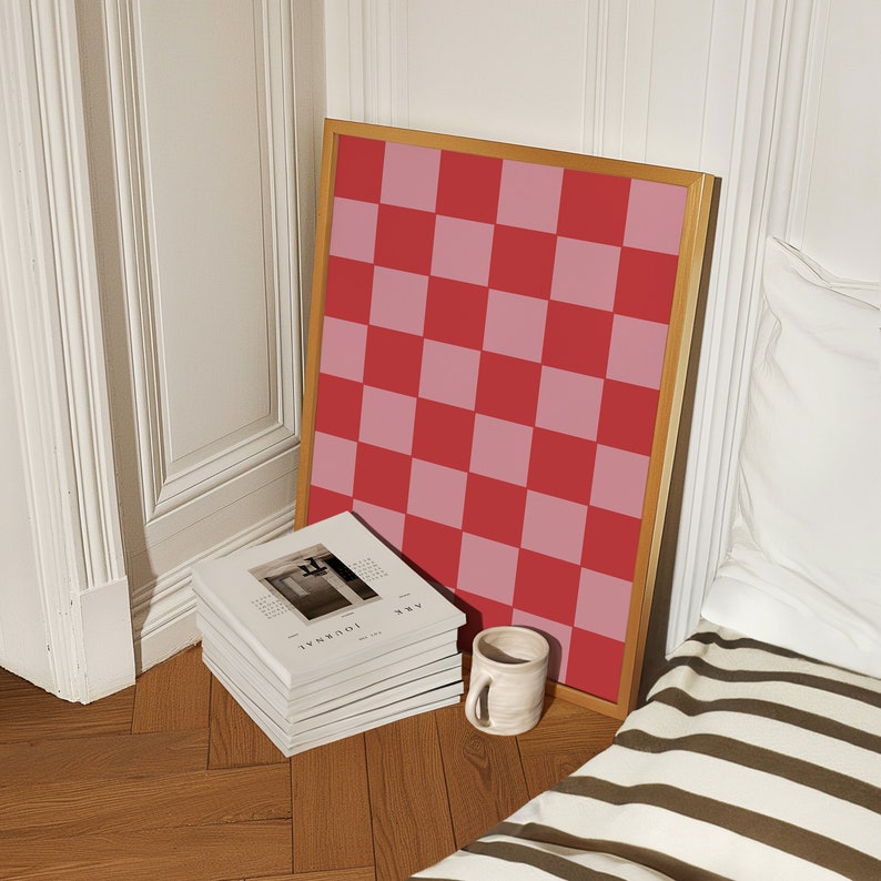 Pink Red Checkerboard Preppy Wall Art, Checkered Retro Pastel Colors ...