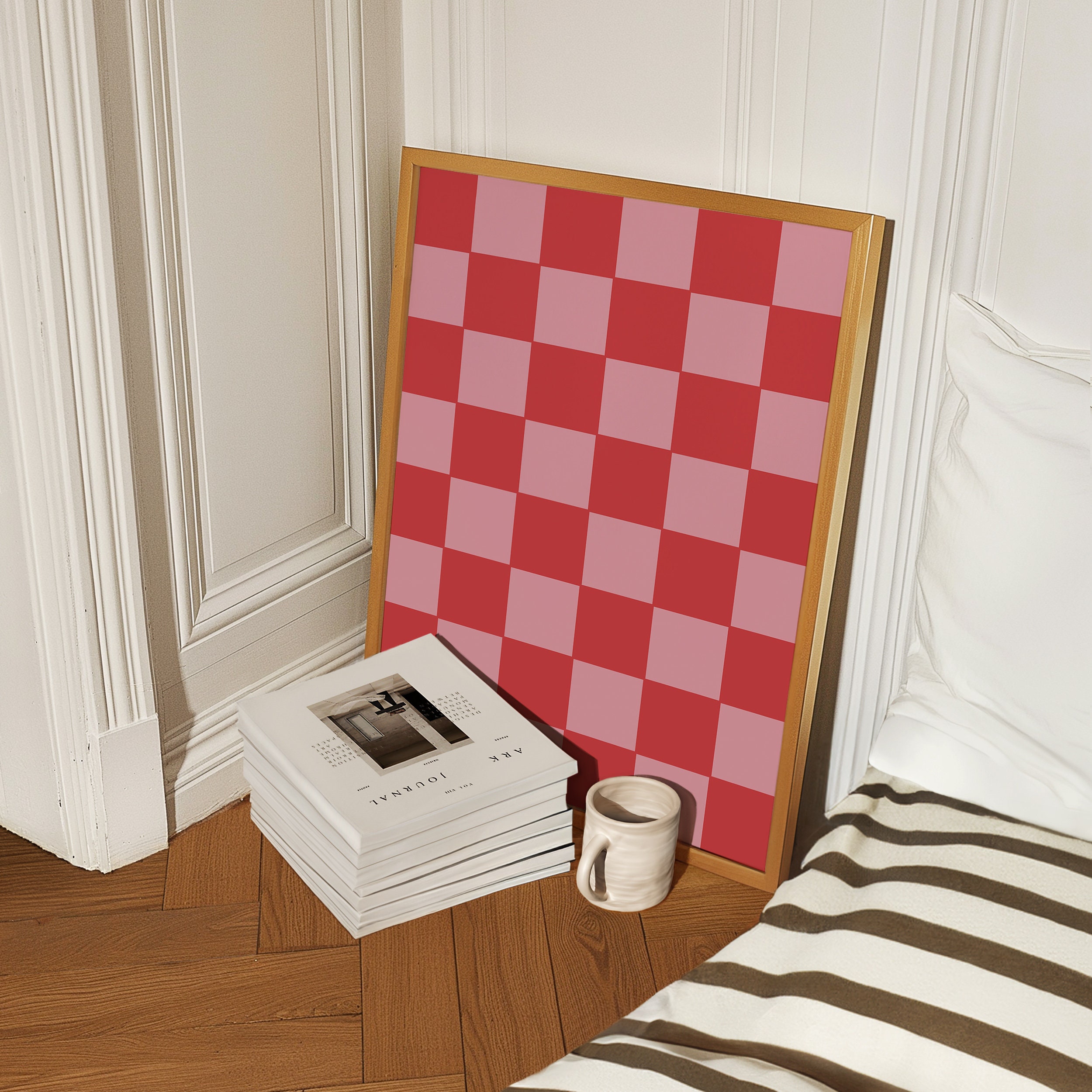Pink Red Checkerboard Preppy Wall Art, Checkered Retro Pastel Colors ...