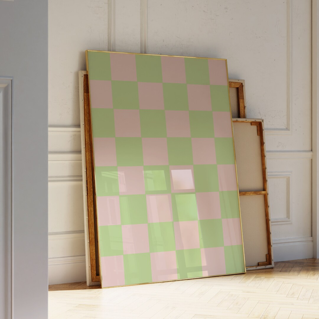 Green Pink Neon Checkerboard Wall Art, Luminous Checkered Retro ...